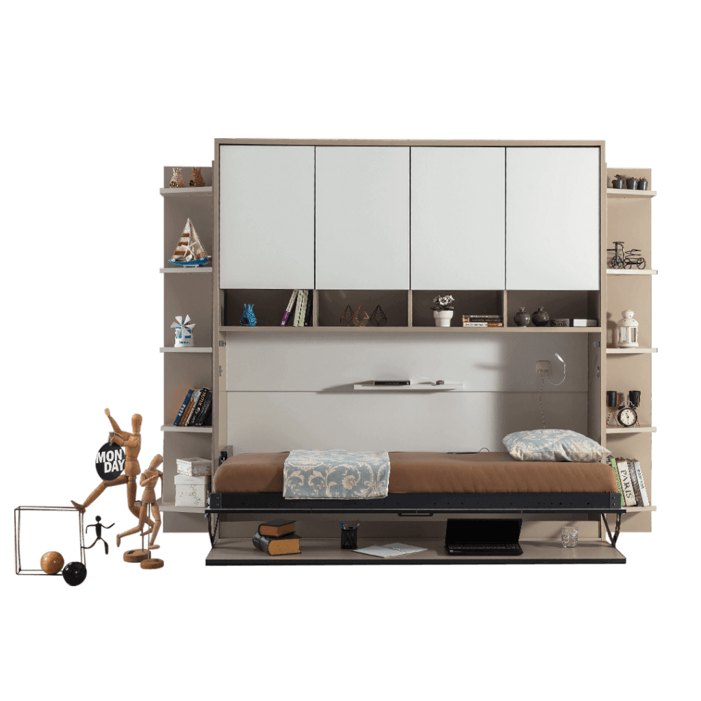Optimal horizontal retractable bed with wardrobe on cabinet