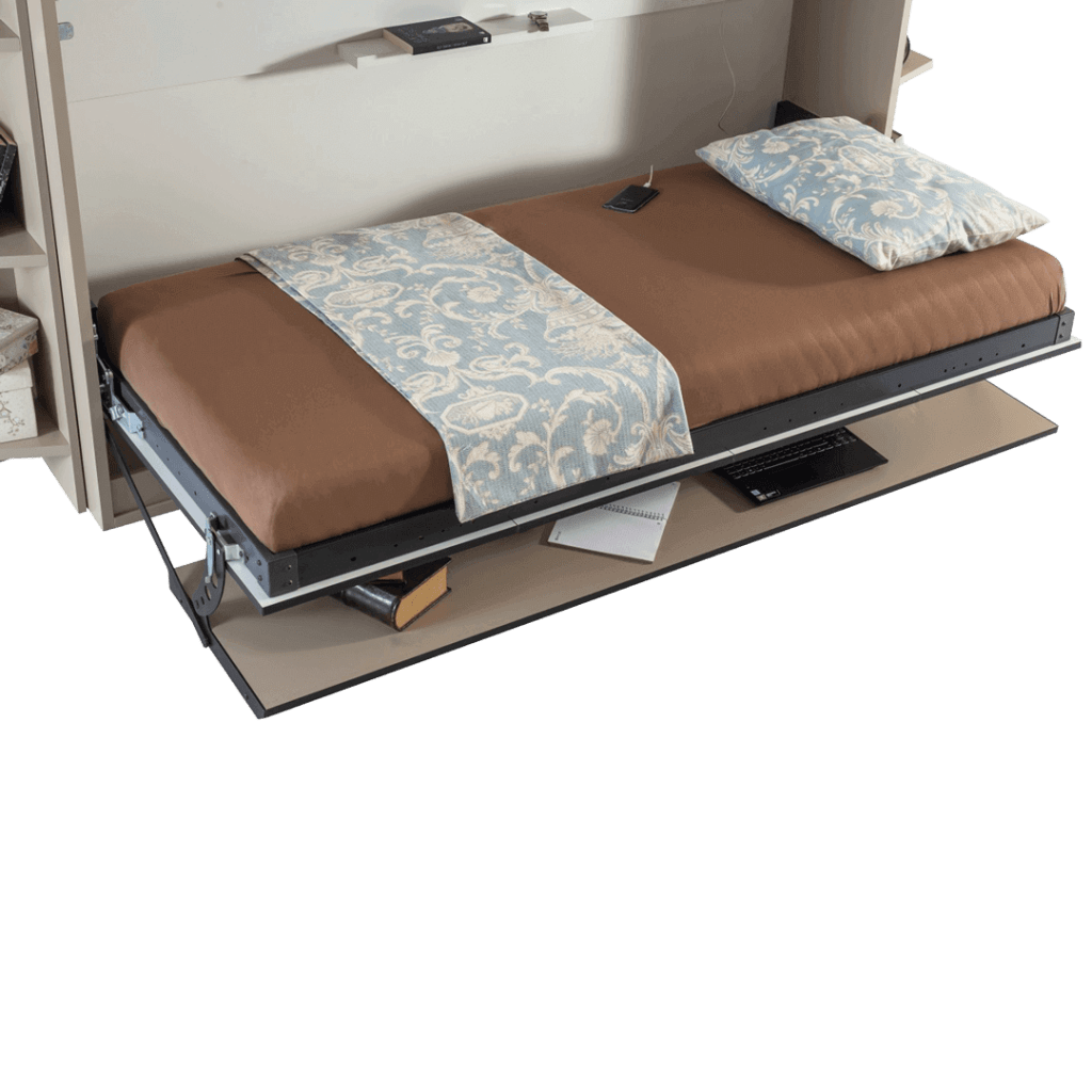 Optimal horizontal retractable bed with wardrobe on cabinet